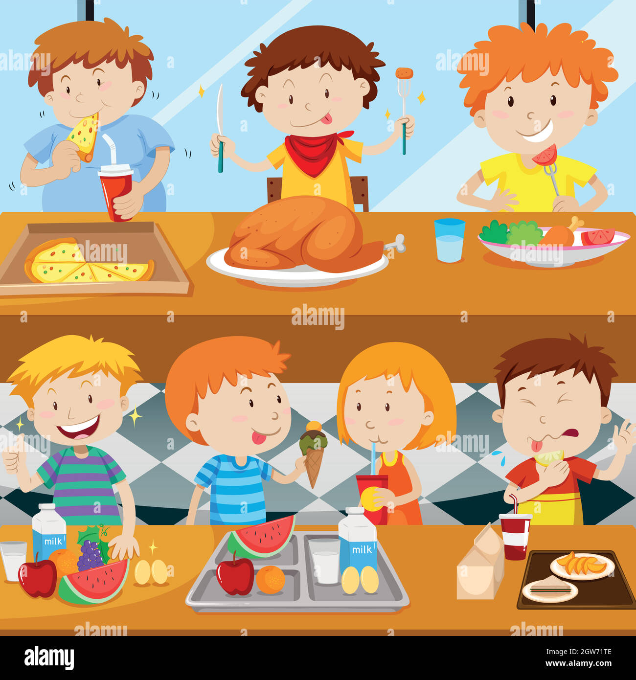 Many kids eating in the canteen Stock Vector Image & Art - Alamy