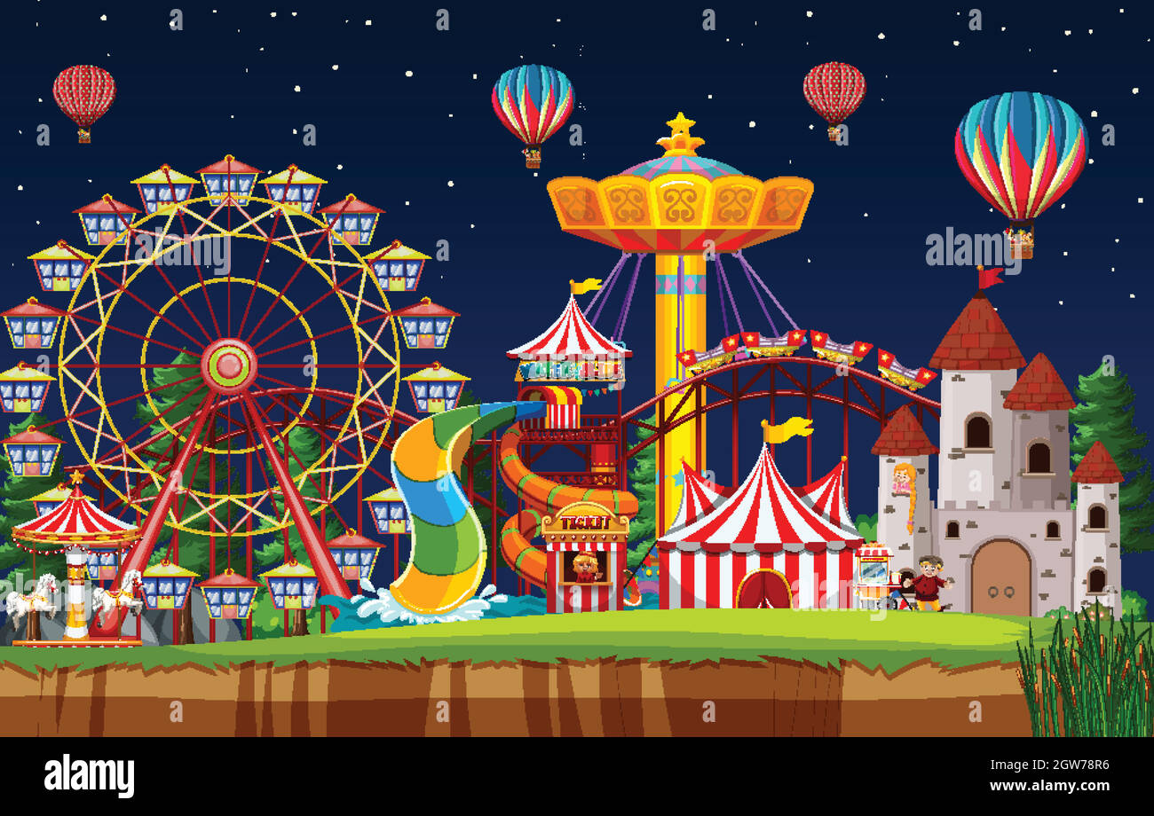 Amusement park scene at night with balloons in the sky Stock Vector ...