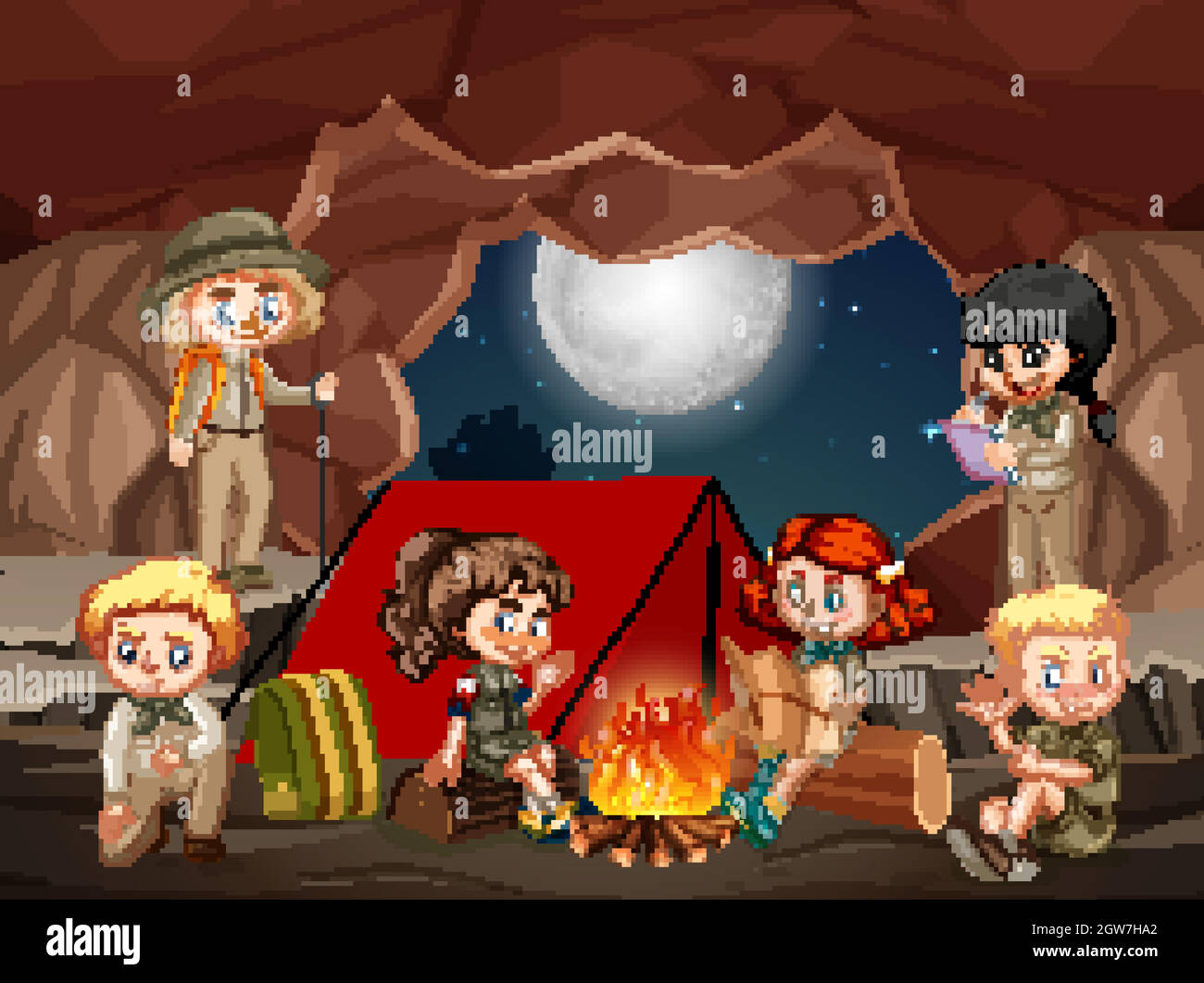 Scene with group of scouts exploring the cave Stock Vector Image & Art ...