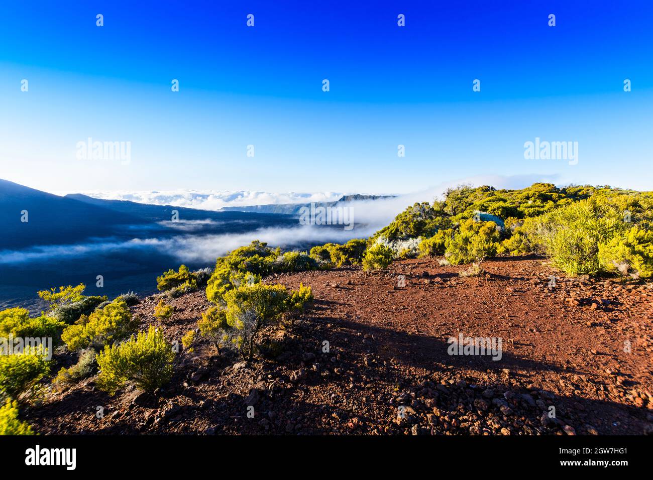 Landscape with cliffs of the volcanic area at Reunion Island with a ...