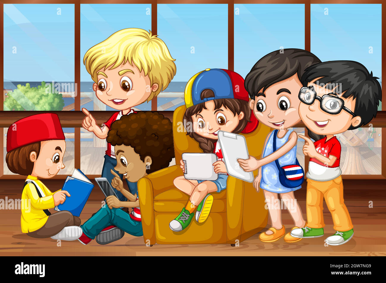 Children reading and working in group Stock Vector Image & Art - Alamy