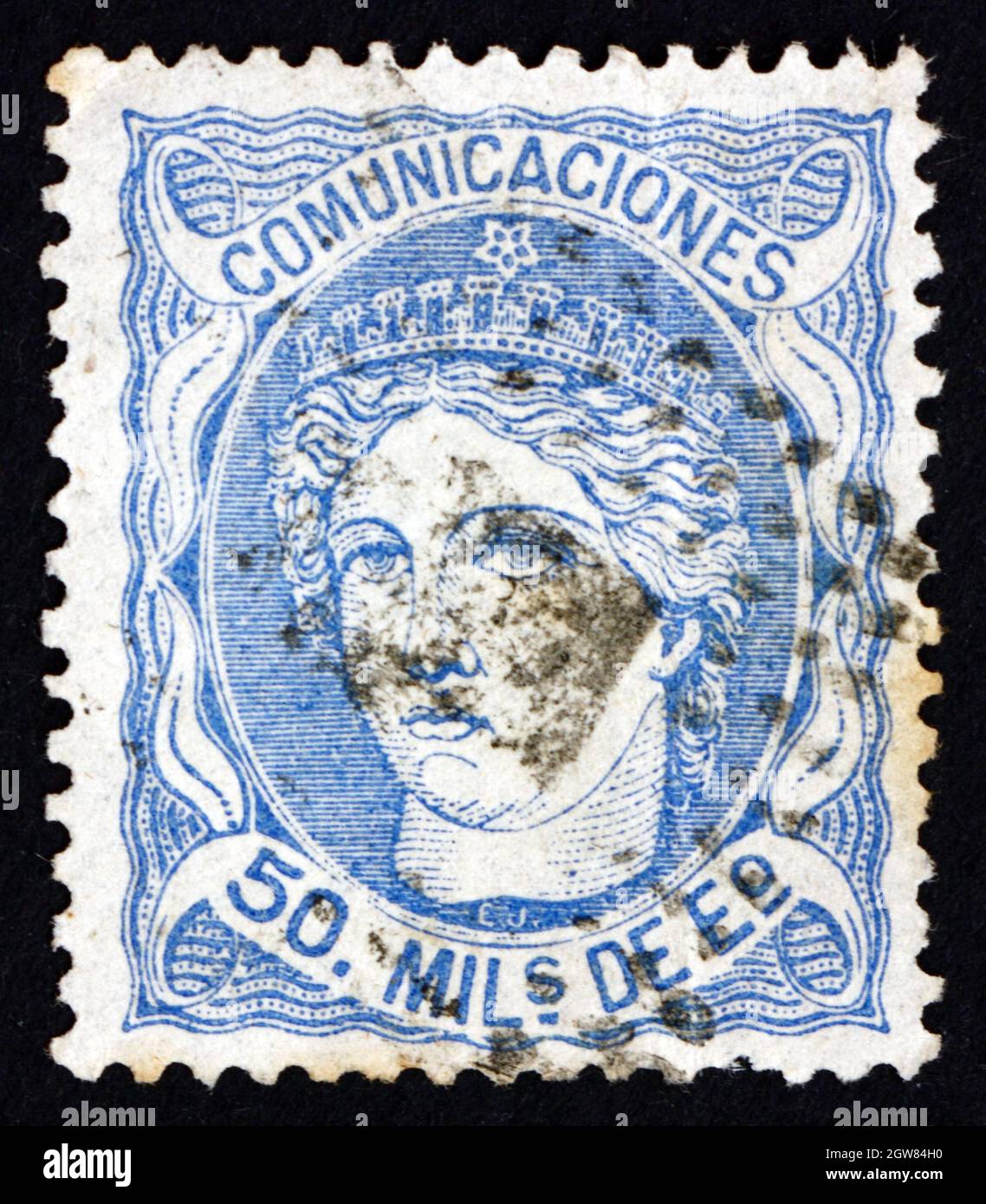 SPAIN - CIRCA 1870: a stamp printed in the Spain shows Allegory of ...