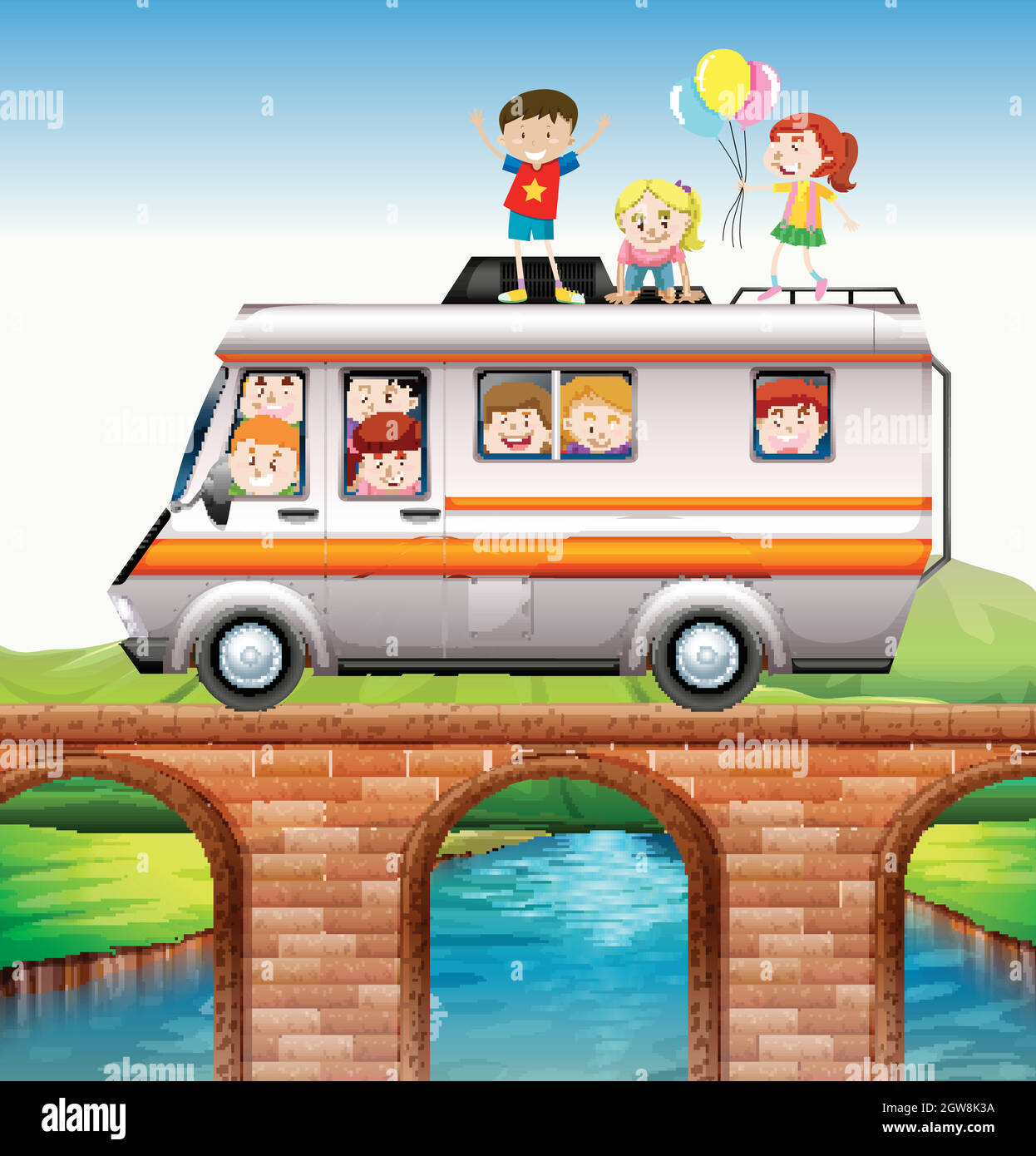 Children riding on camper van over the bridge Stock Vector Image & Art ...