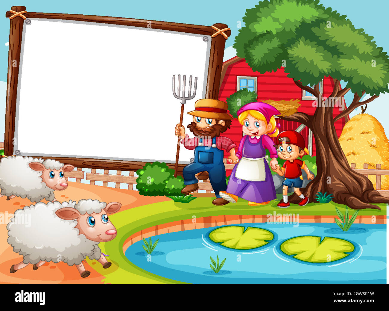 Blank banner in farm scene with happy family and many sheeps Stock ...