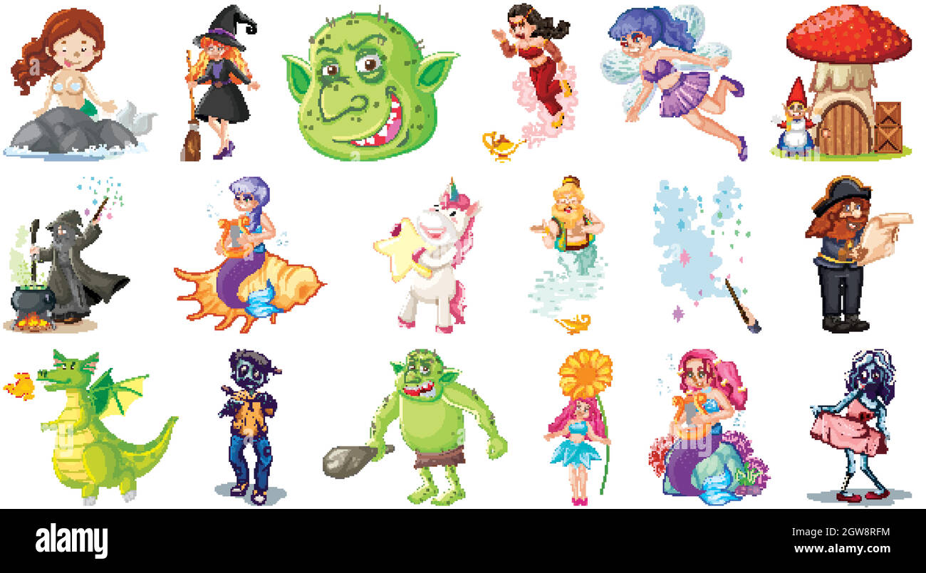 Set of fantasy cartoon characters and fantasy theme isolated on white ...