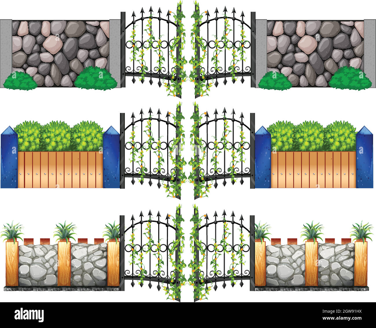 Stone wall metal gate Stock Vector Images - Alamy