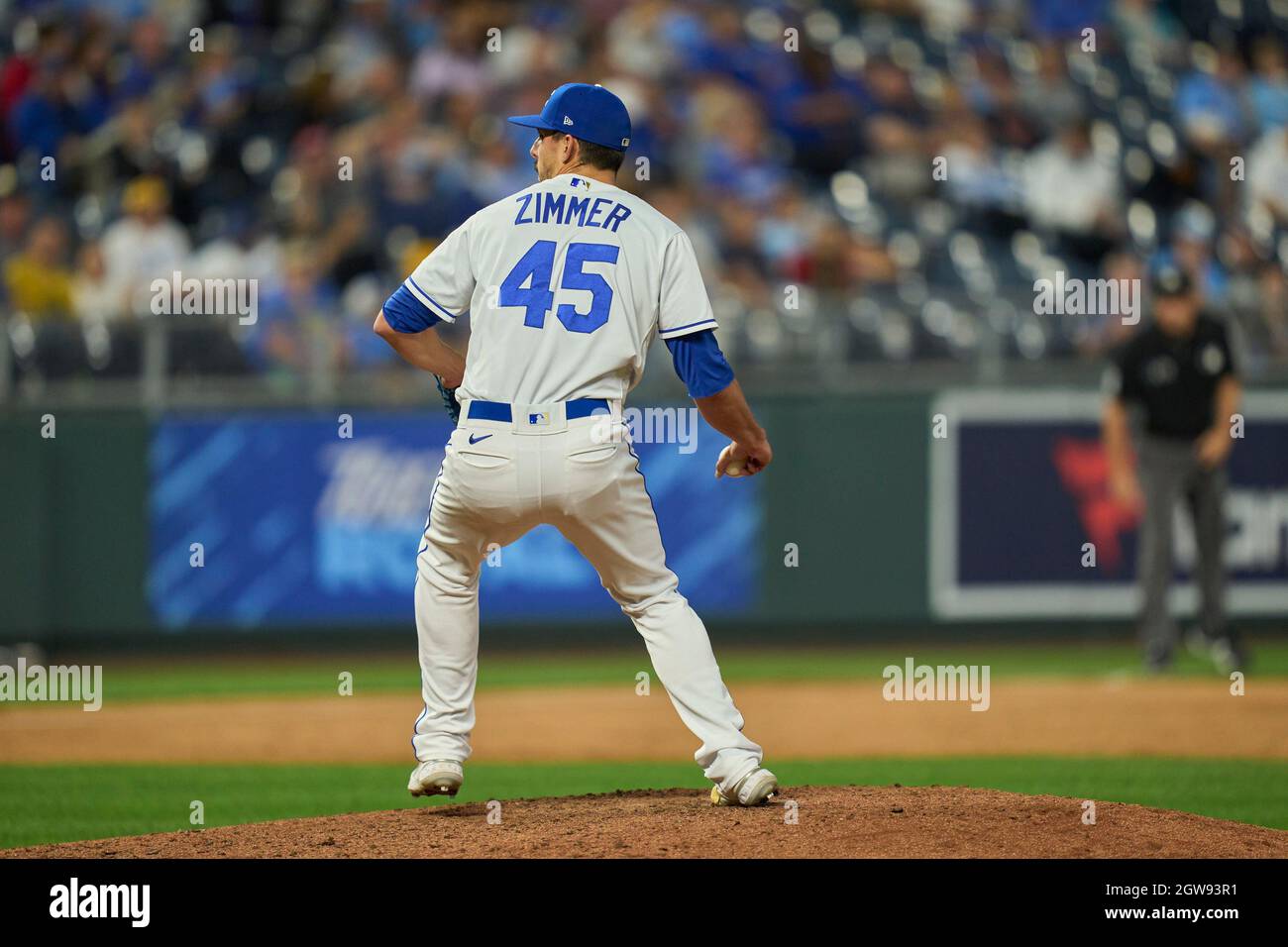 October 2 2021: Kansas City pitcher Kyle Zimmer (45) throws a pitch ...