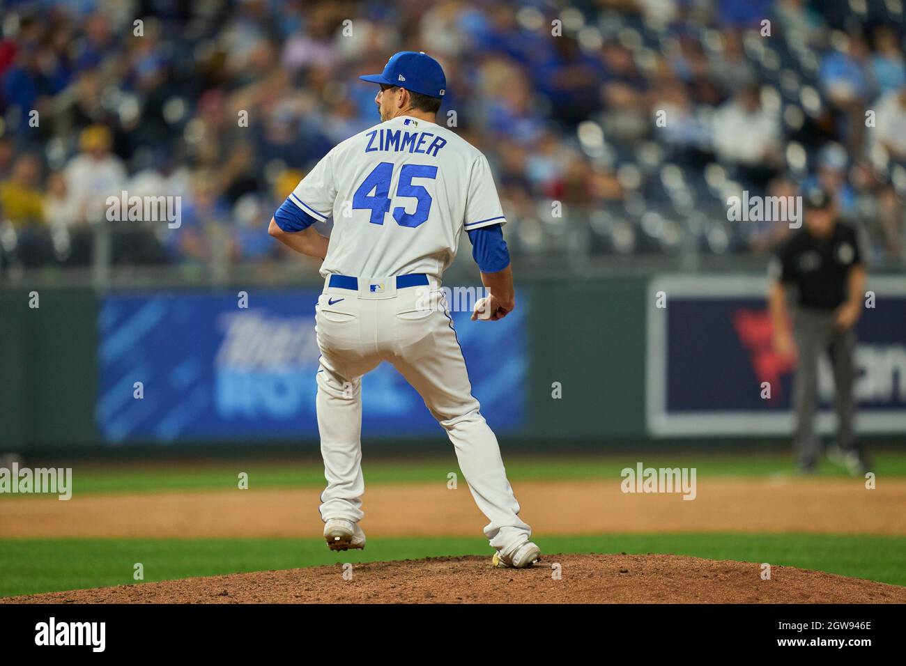 October 2 2021: Kansas City pitcher Kyle Zimmer (45) throws a pitch ...