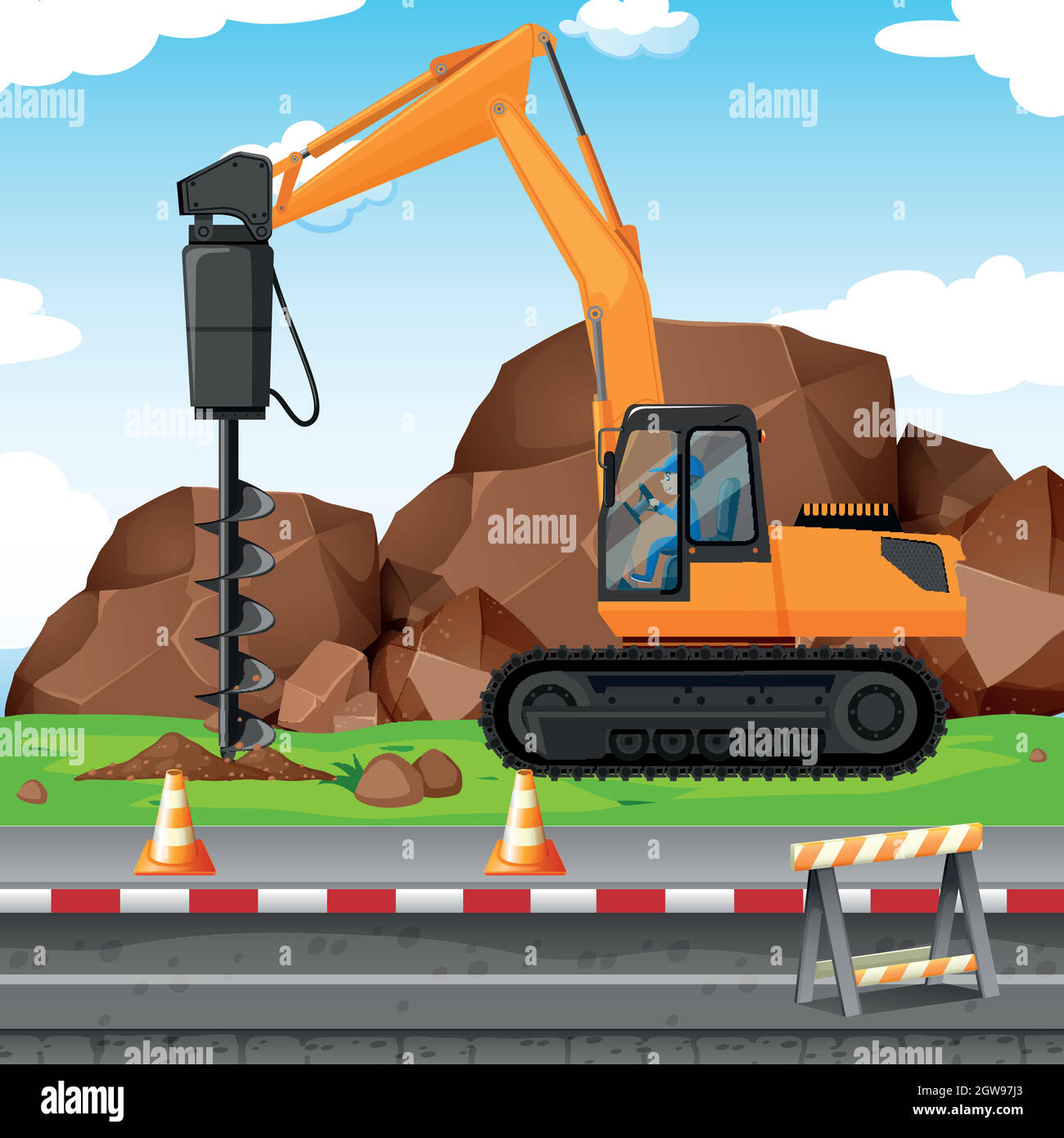 Man digging hole with drill at the construction site Stock Vector Image ...