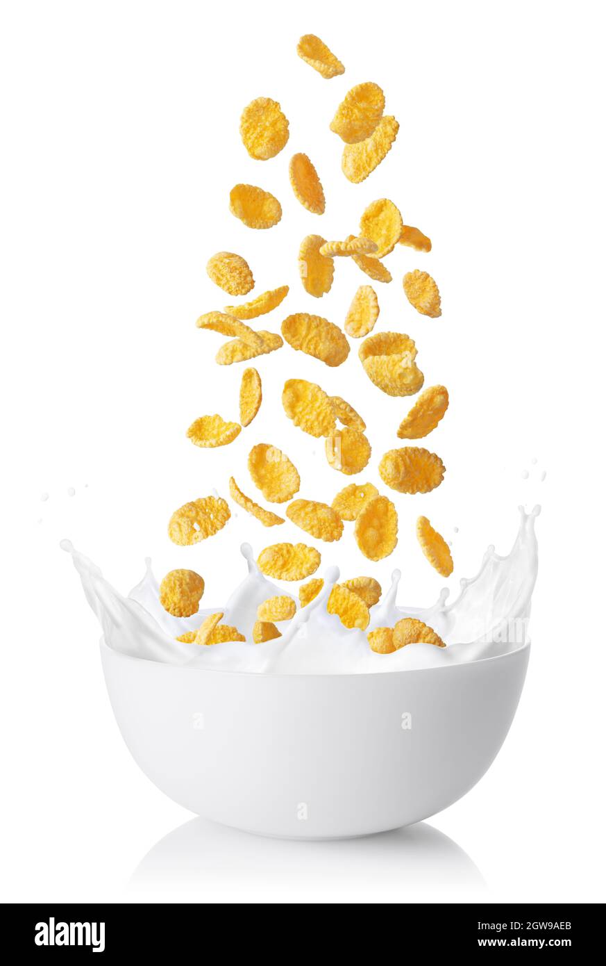 cornflakes falling into bowl with milk splashes isolated on white Stock ...
