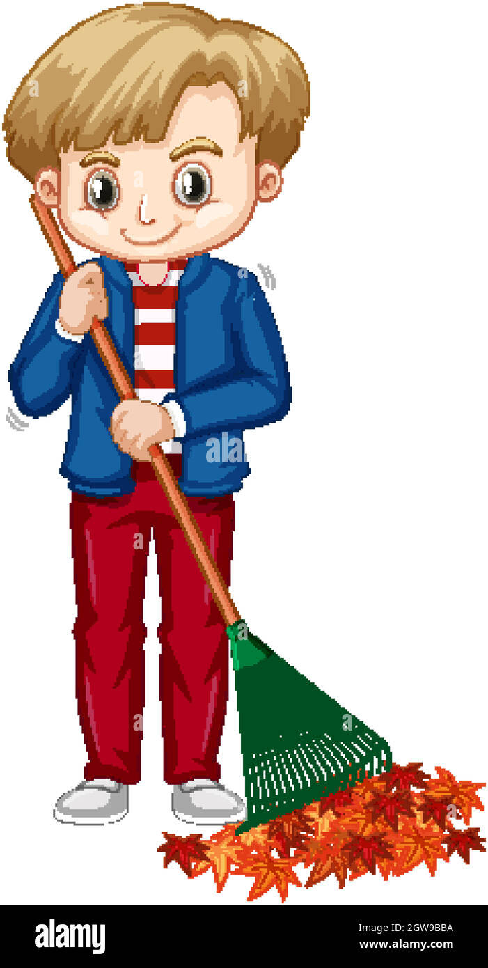 Boy raking leaves on white background Stock Vector Image & Art - Alamy
