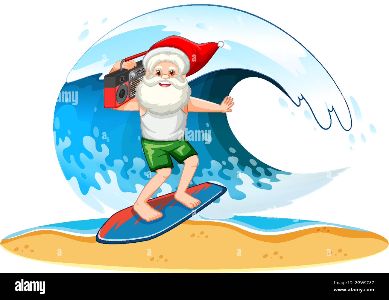 Santa Claus surfing with wave in summer theme on white background Stock ...