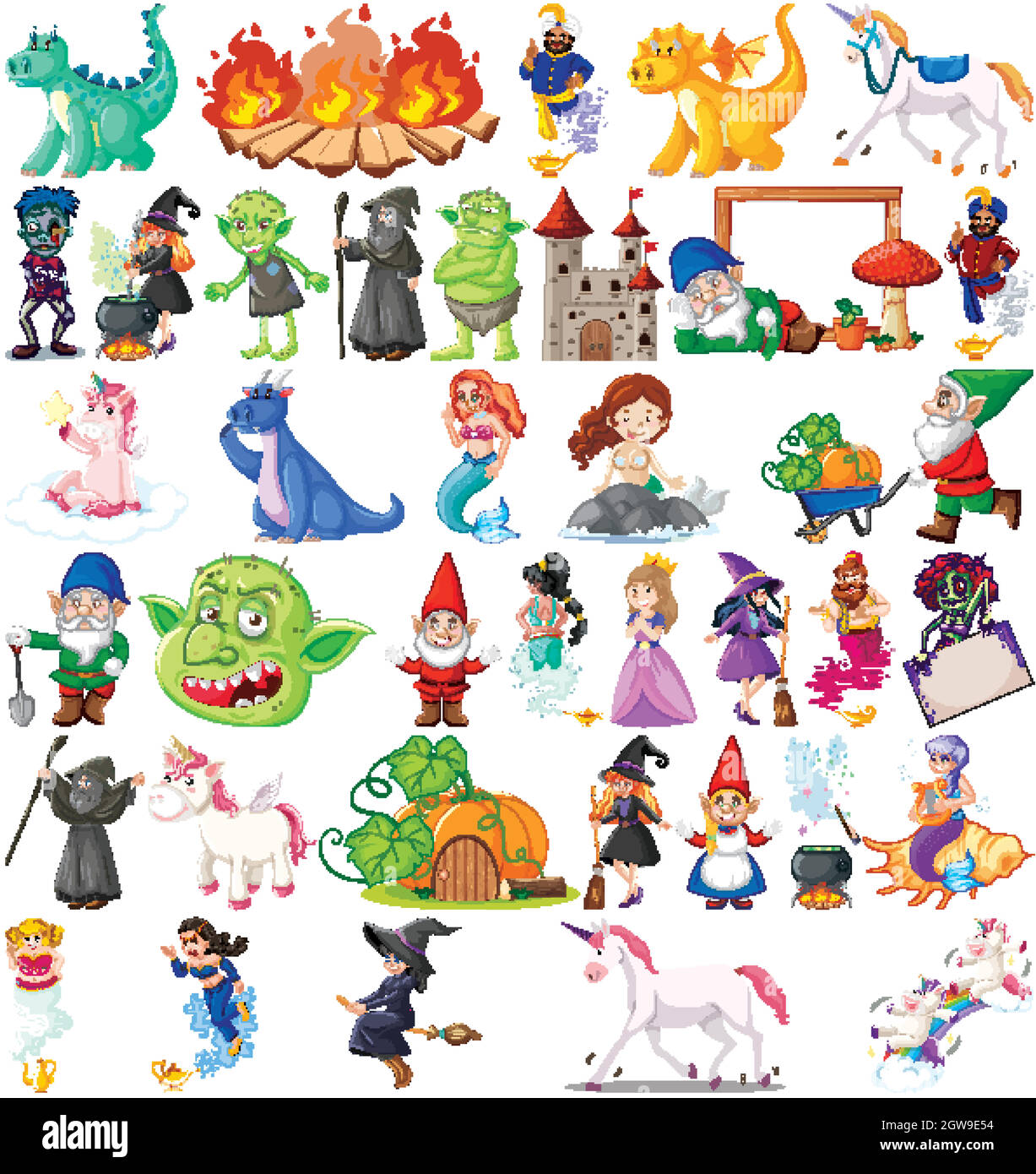 Set of fantasy cartoon characters and fantasy theme isolated on white ...