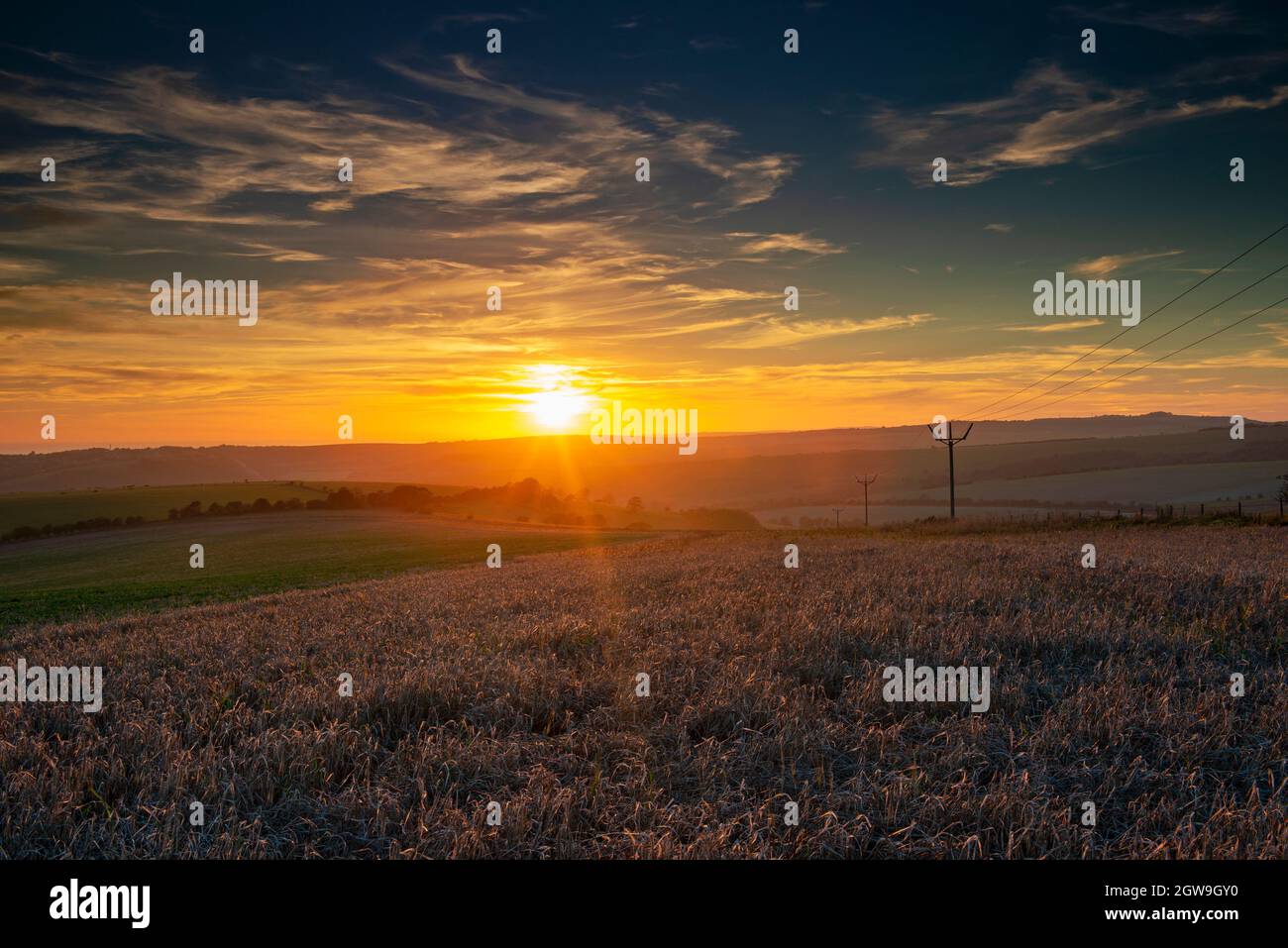 Sunset over the South Downs National Park, East Sussex, England. Uk ...