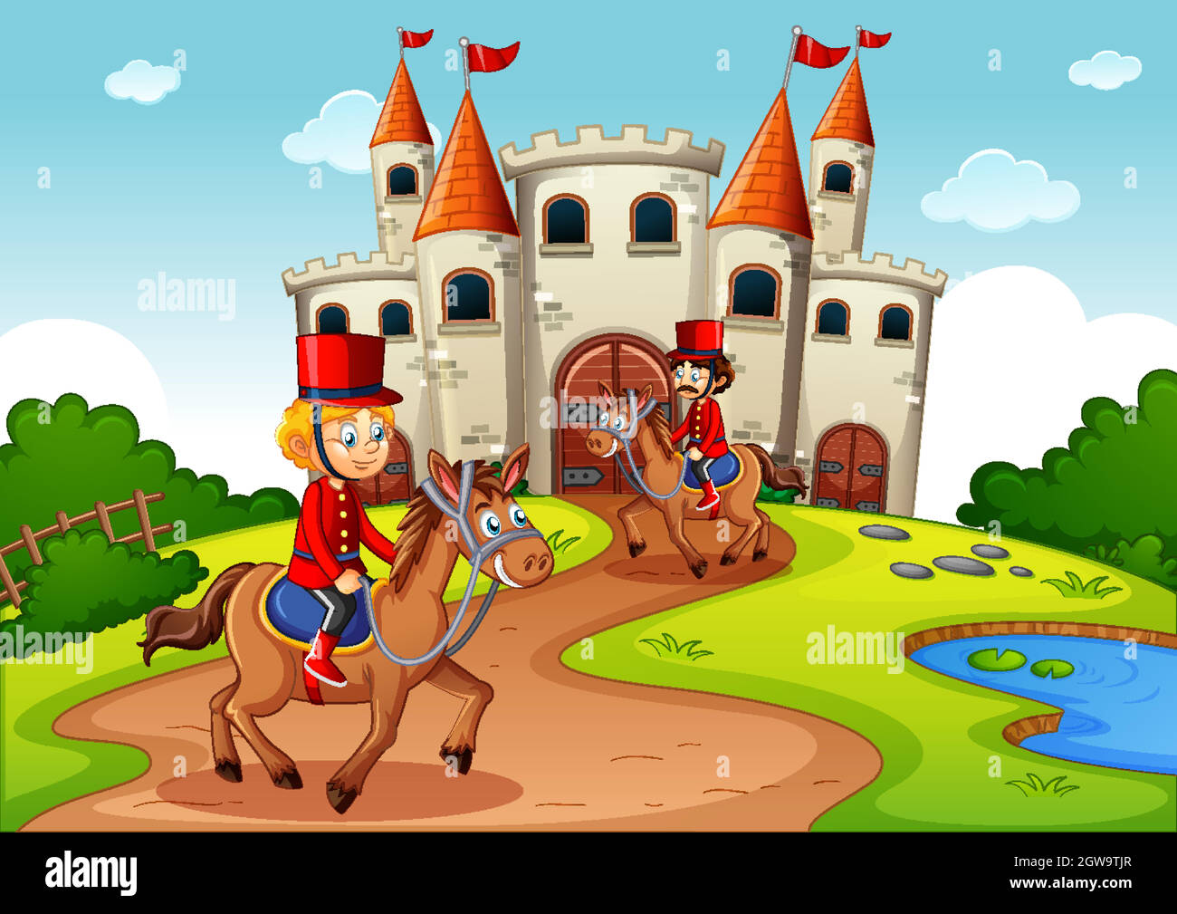 Fairytale scene with castle and soldier royal guard scene Stock Vector ...