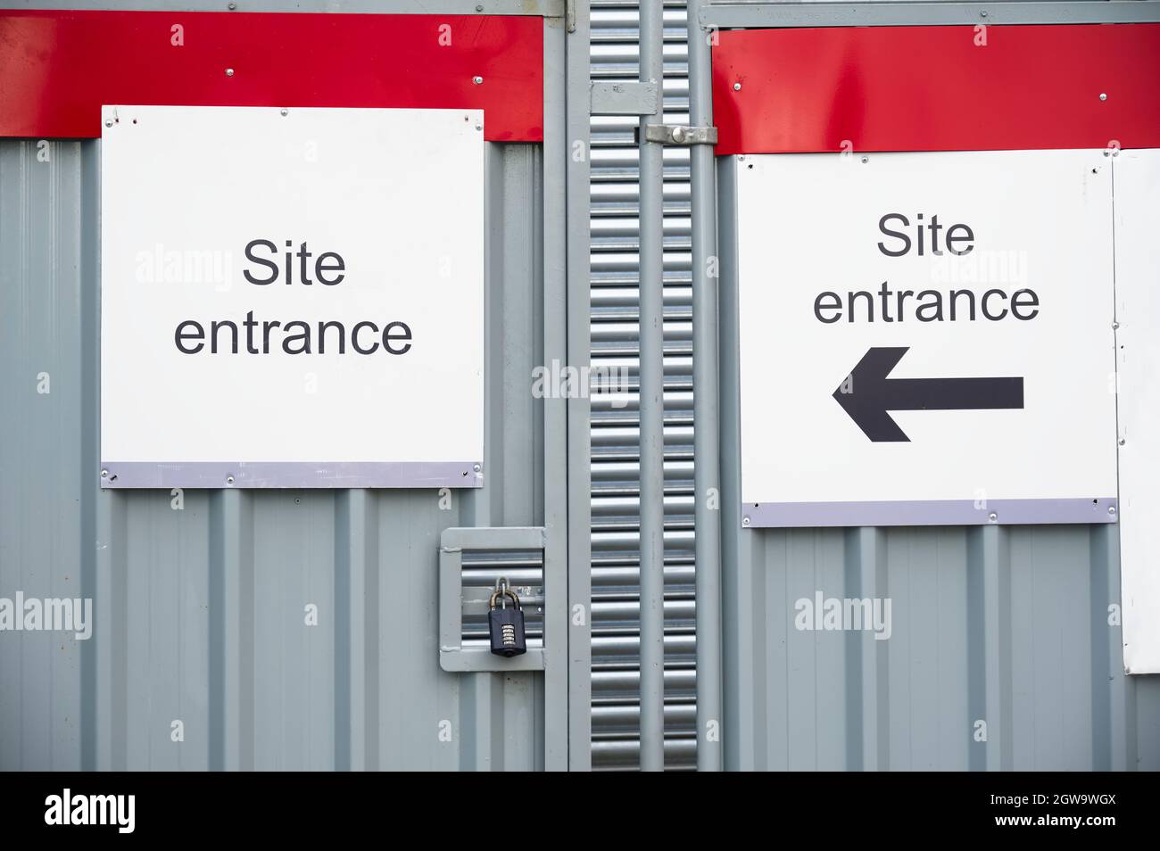 Site office direction sign on construction building site door entrance ...