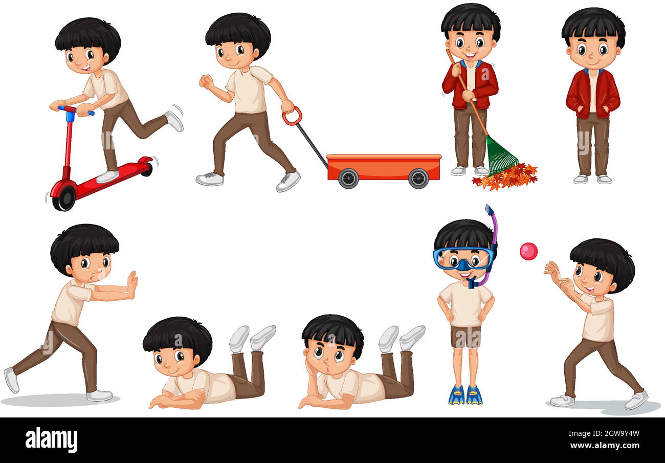 Boy doing different activities on white background Stock Vector Image ...