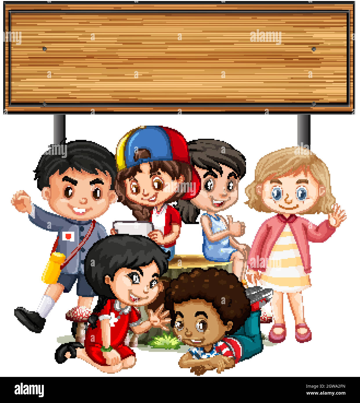 Banner template design with children under wooden board Stock Vector ...