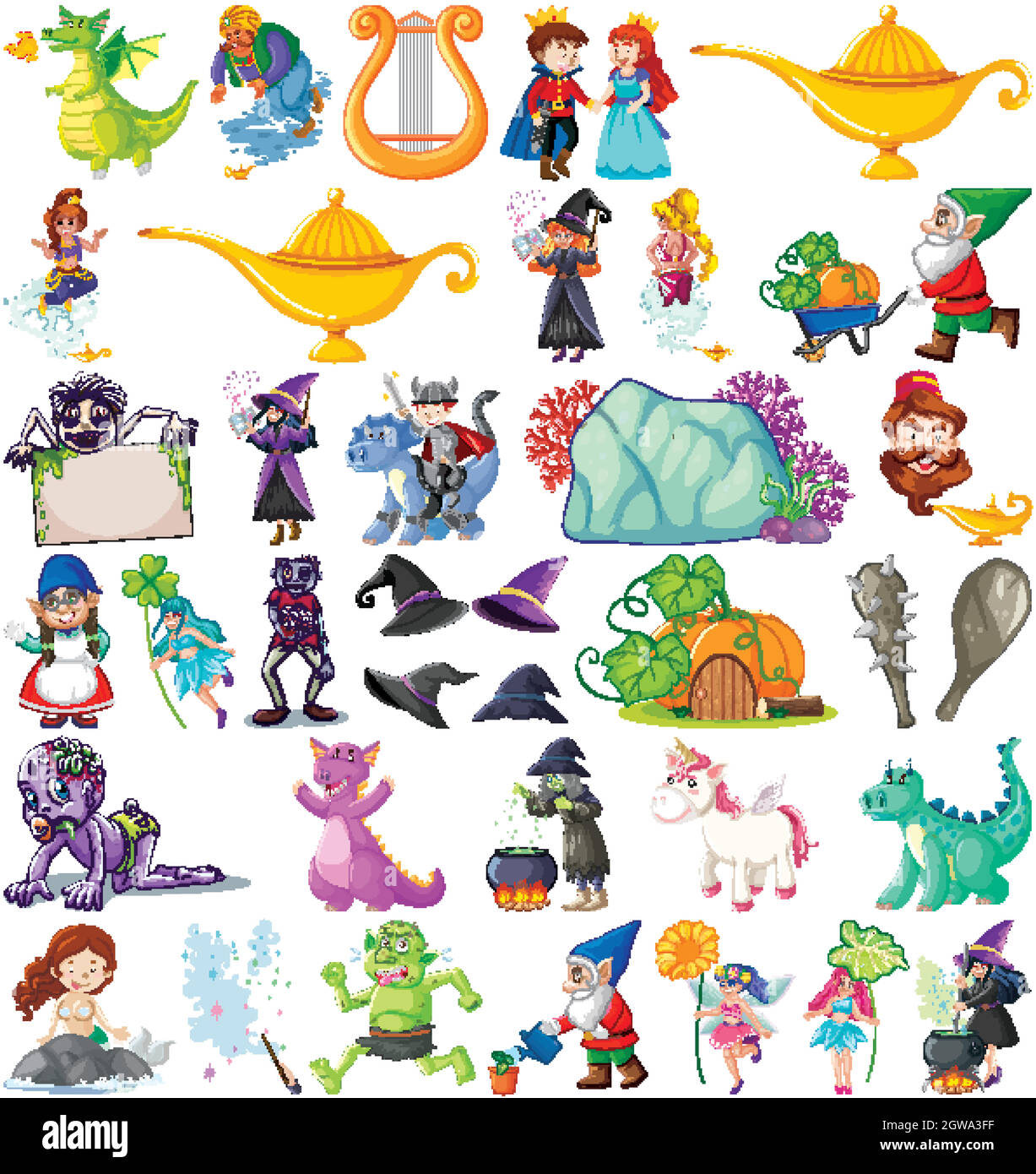 Set of fantasy cartoon characters and fantasy theme isolated on white ...