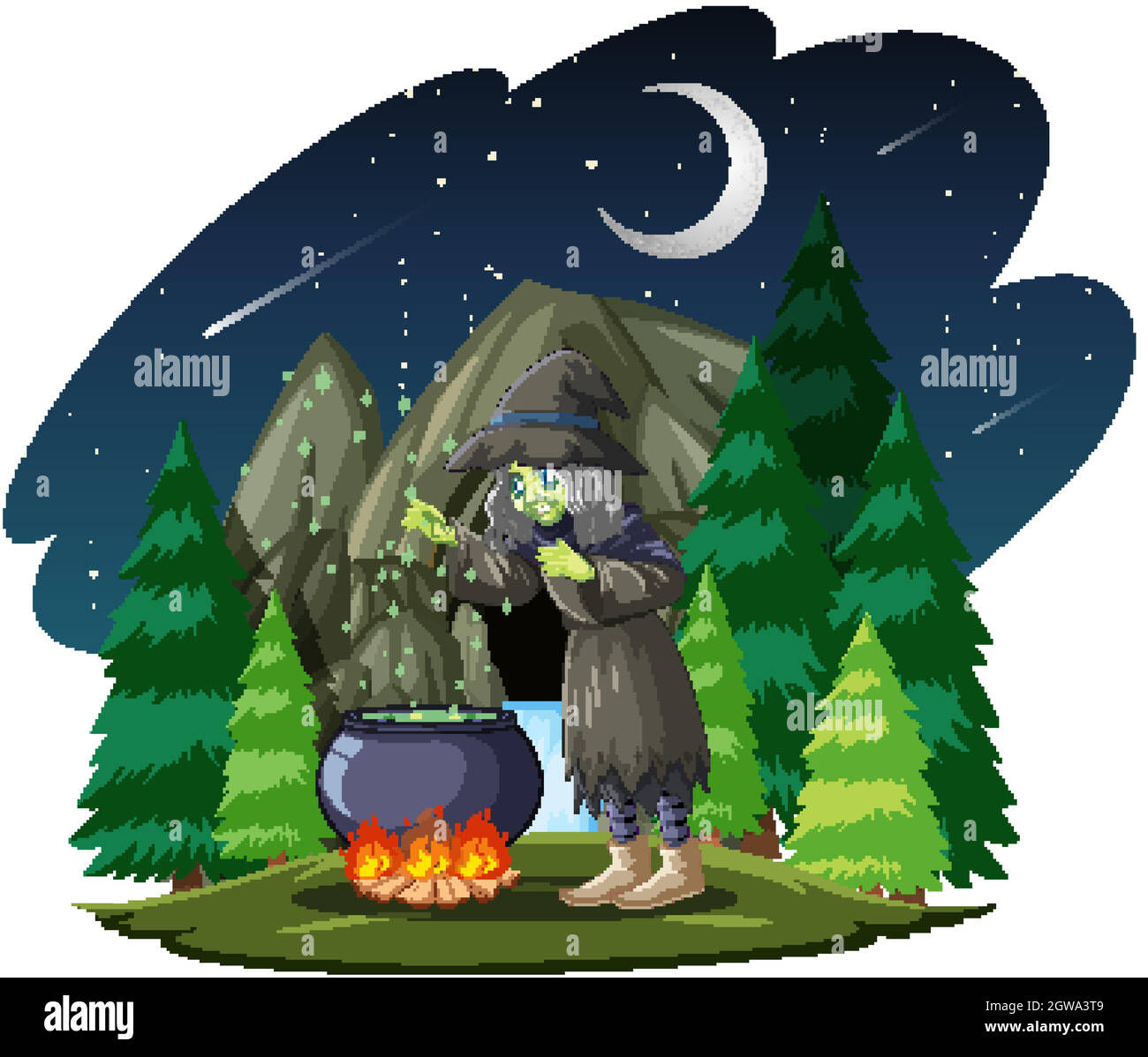 Witch with black magic pot cartoon style on dark forest background ...