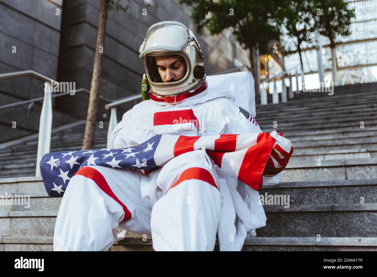 spaceman in a futuristic station. Man with space suit walking in an ...