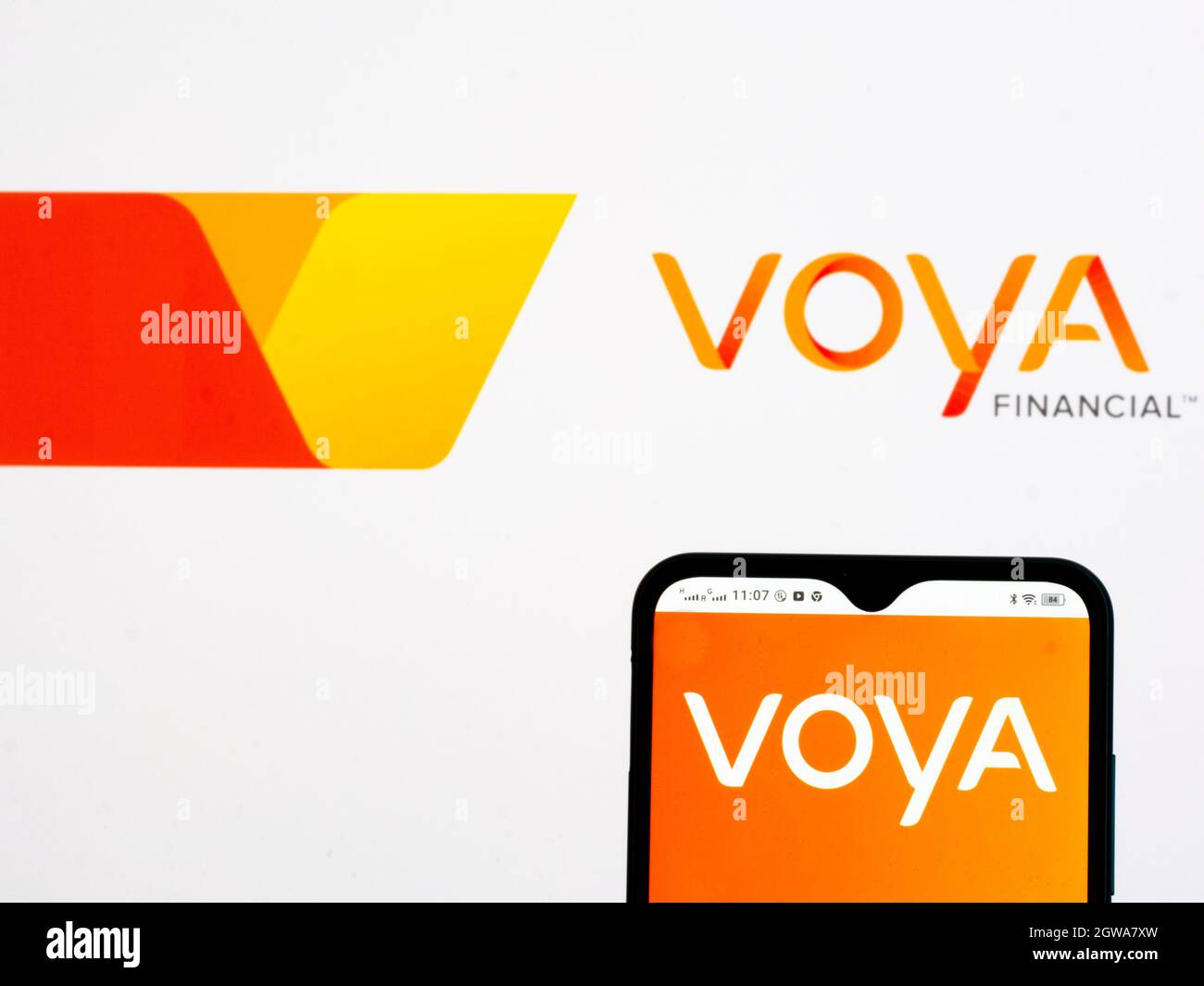 In this photo illustration Voya Financial, Inc. logo seen displayed on ...