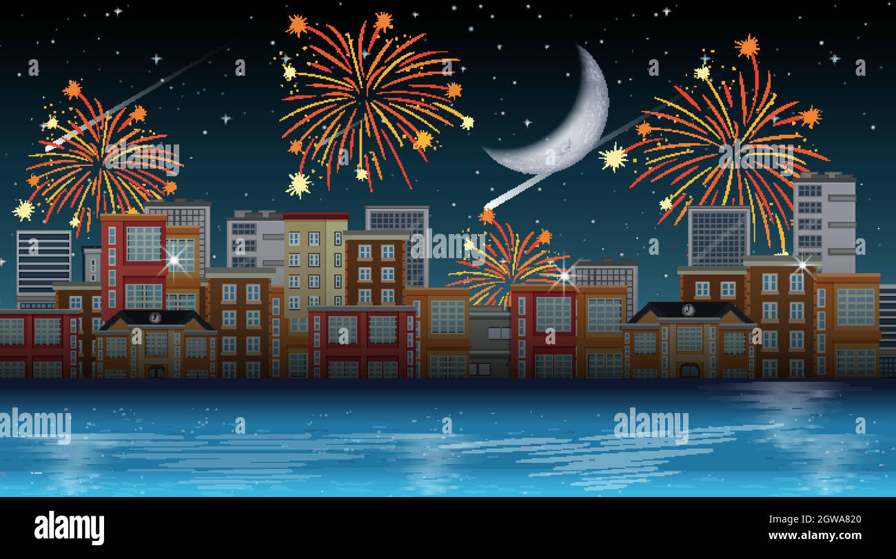 Cityscape with celebration fireworks scene Stock Vector Image & Art - Alamy