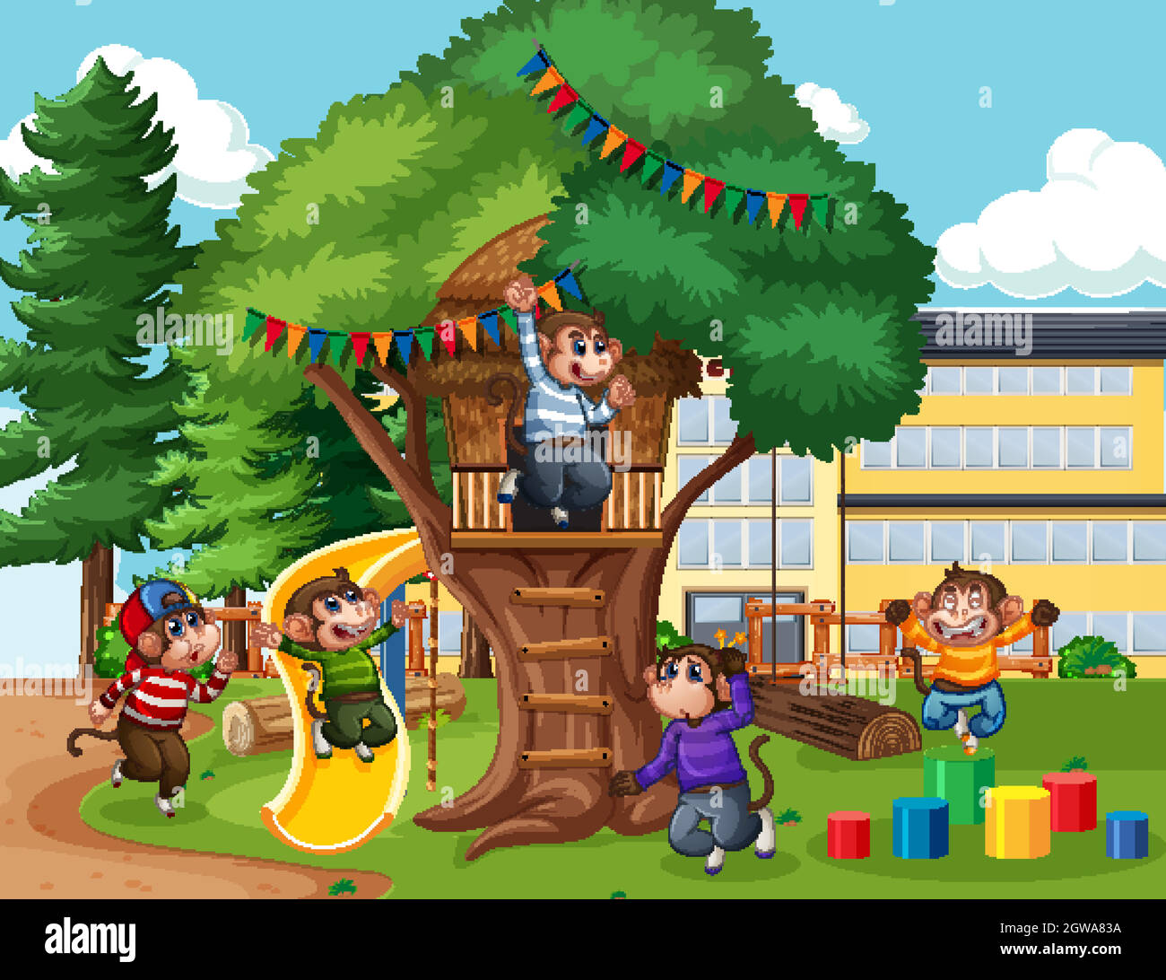 Five little monkeys jumping in the park playground scene Stock Vector ...
