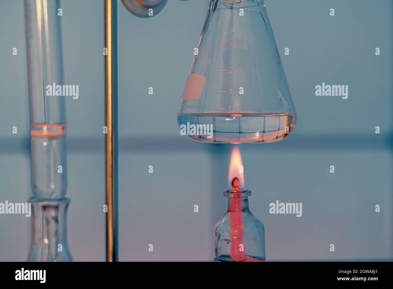 Chemical workplace with test tubes, flasks and other devices Stock ...