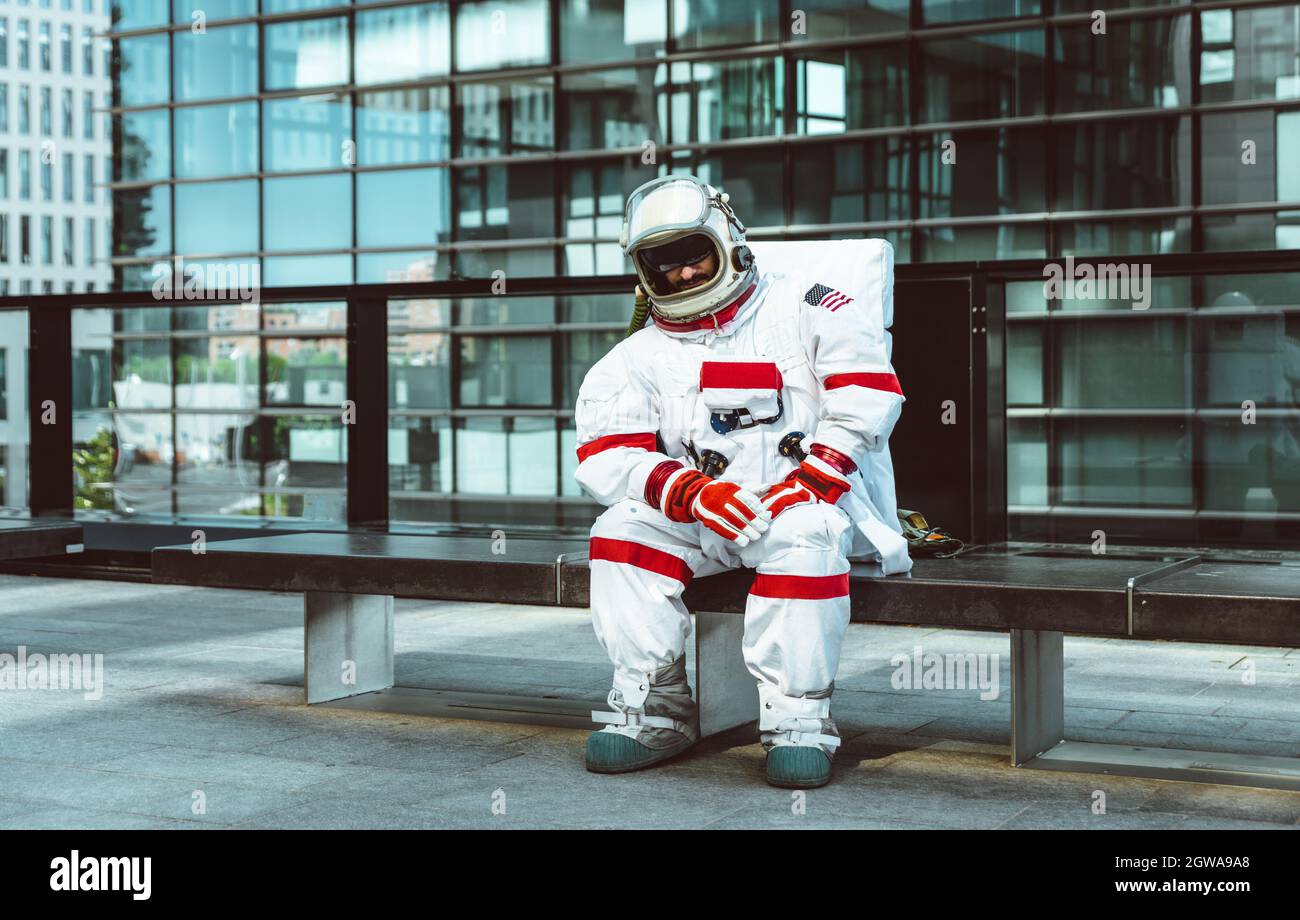 spaceman in a futuristic station. astronaut with space suit walking in ...