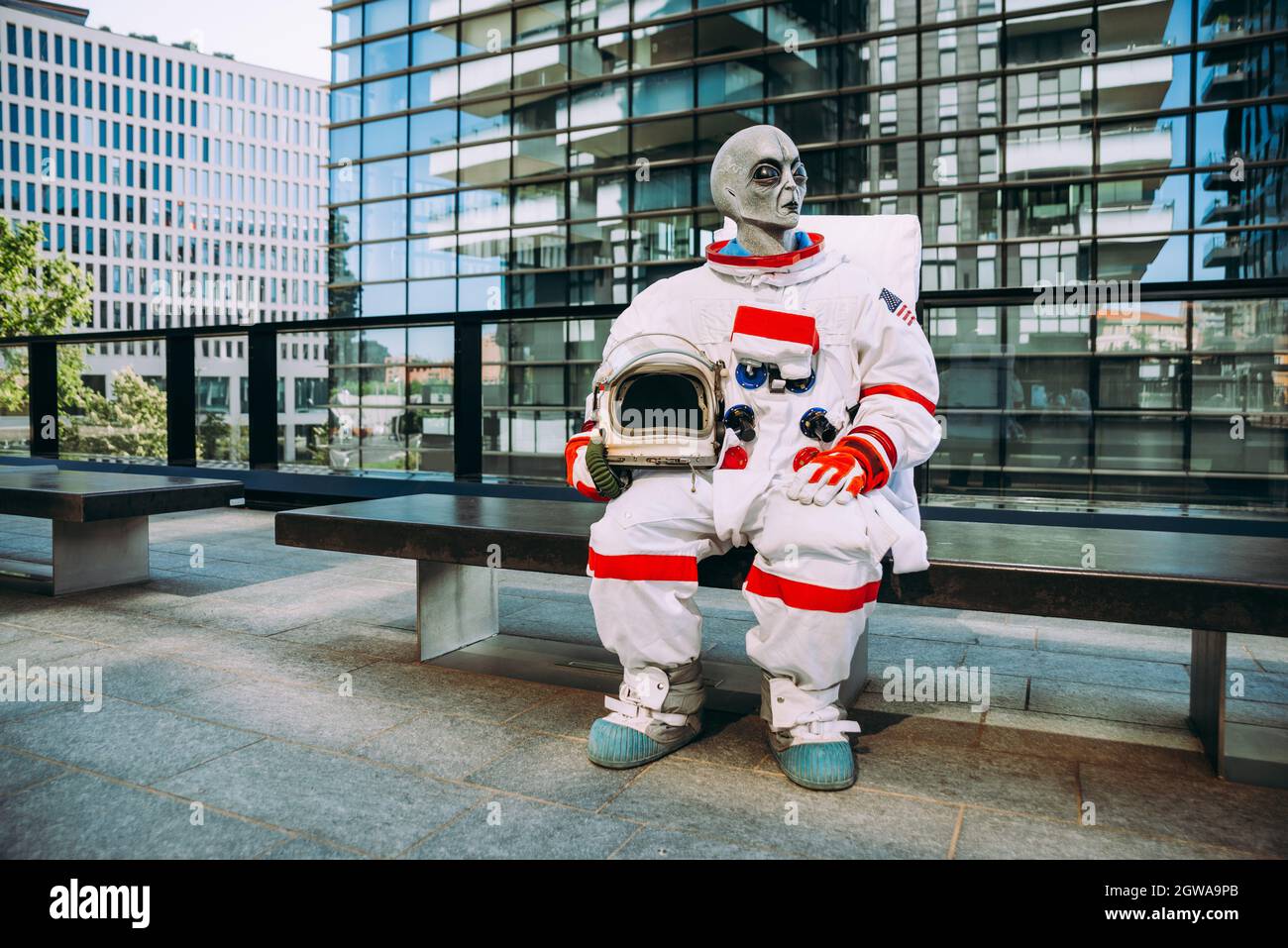 alien spaceman in a futuristic station. astronaut with space suit ...