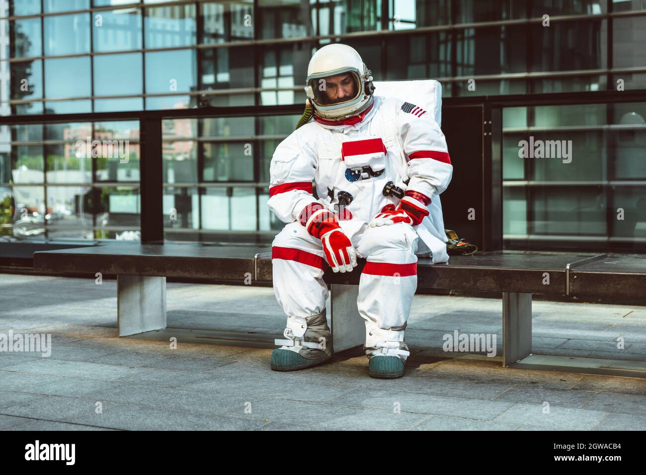 spaceman in a futuristic station. astronaut with space suit walking in ...