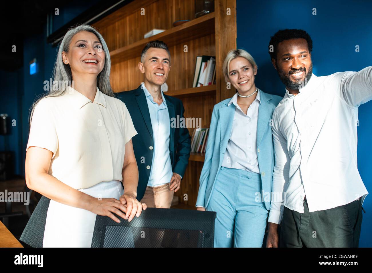 cinematic image of a multiethnic business team. Group of employees ...
