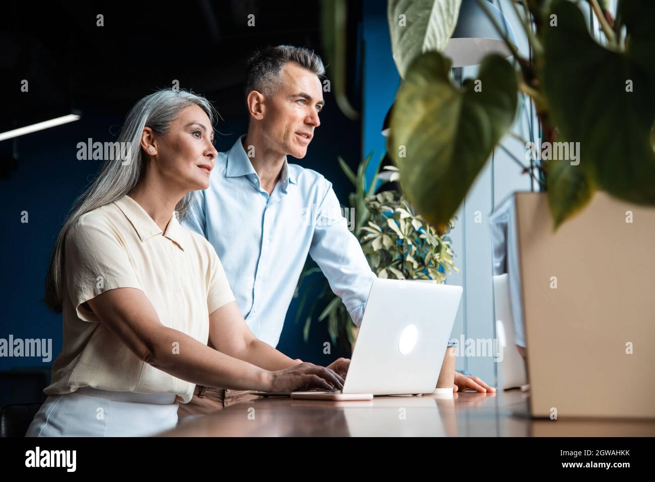 cinematic image of a multiethnic business team. Two employees working ...