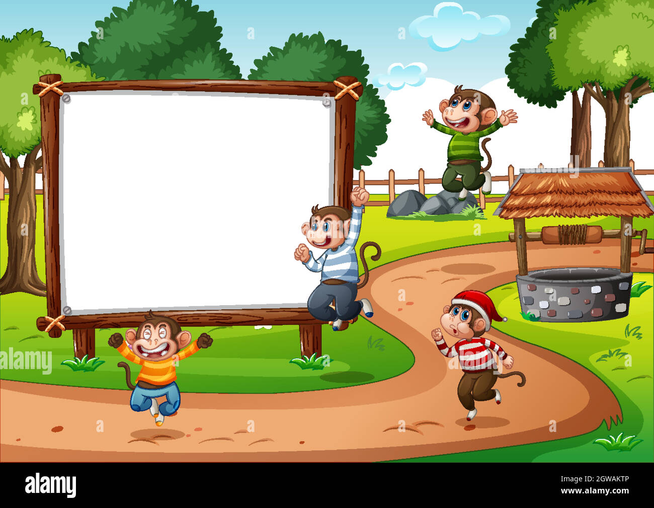 Wooden blank banner in the park scene with four monkeys Stock Vector ...