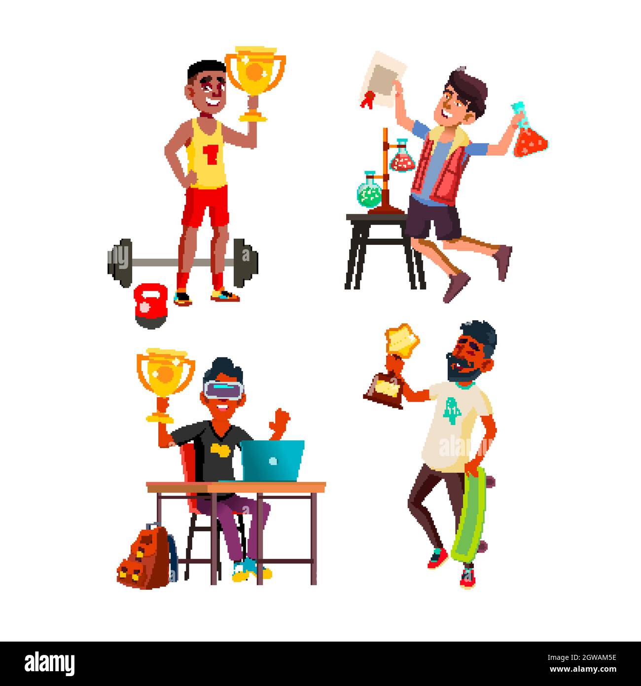 Teen Boy With Winning Trophy Cup Award Set Vector Stock Vector Image ...