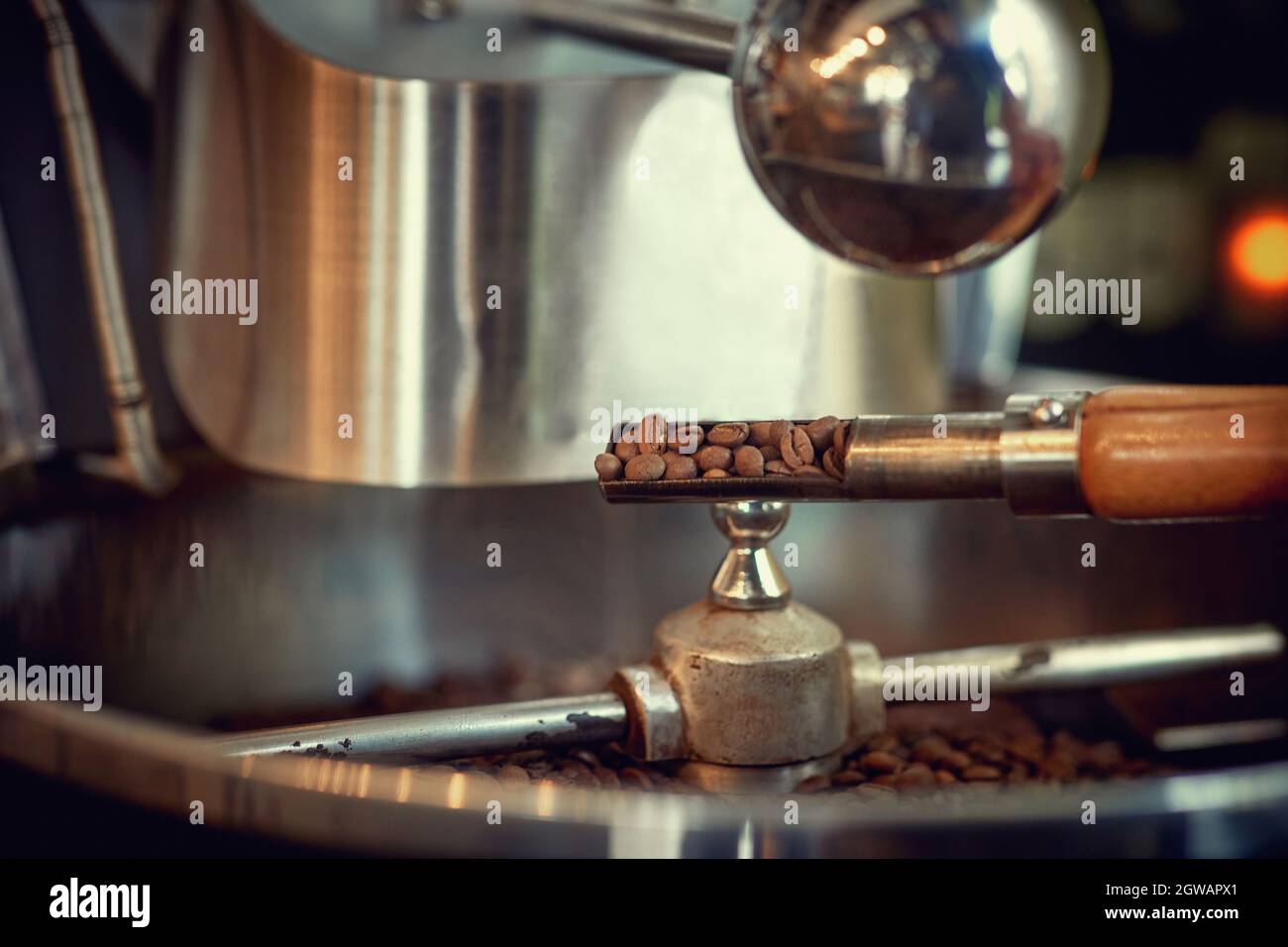 spatula with raw coffee beans near special equipment Stock Photo - Alamy