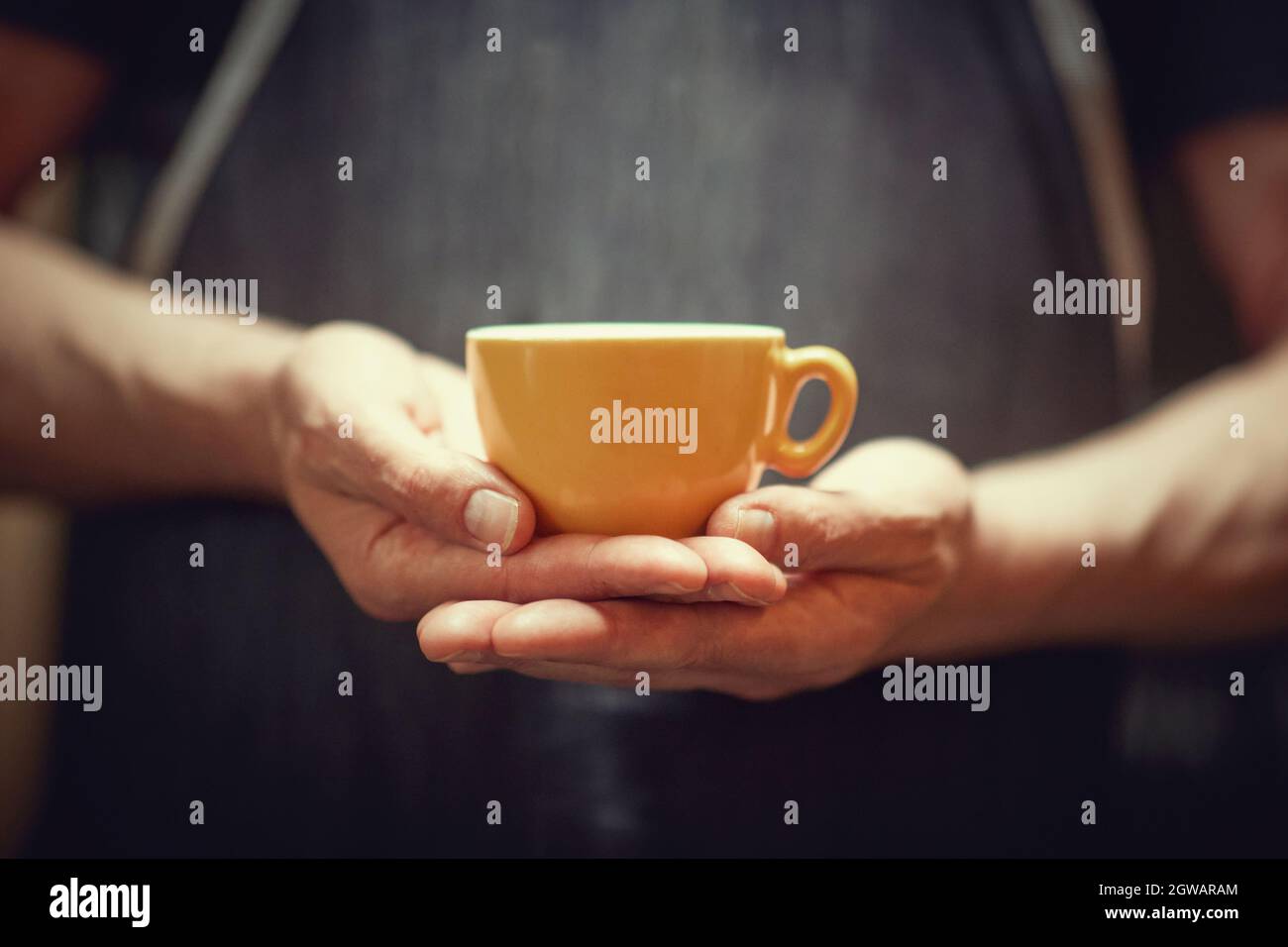 Barista serving cup of fresh dark coffee Stock Photo - Alamy