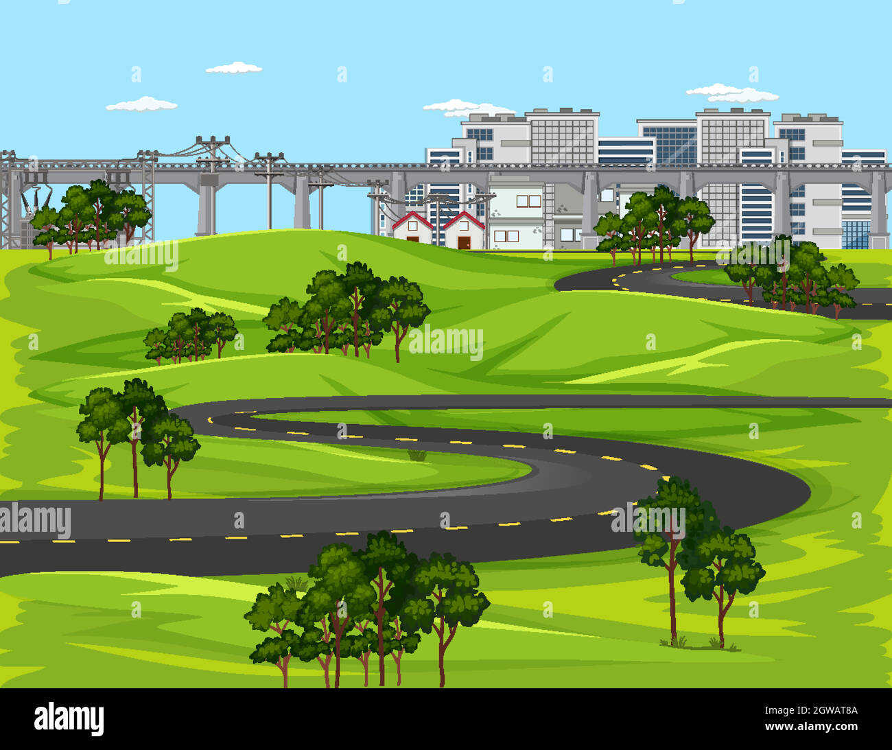 Long road in city with nature landscape scene Stock Vector Image & Art ...