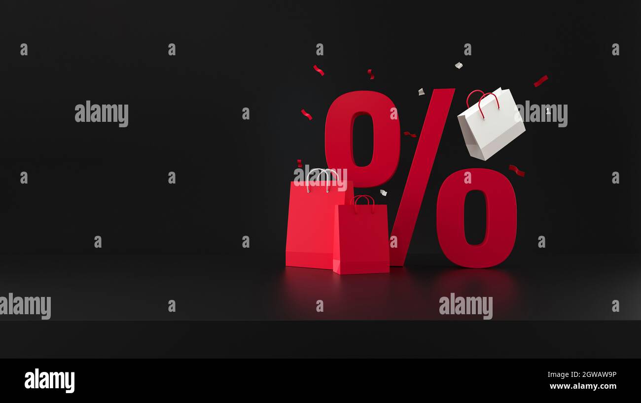 Shopping bags red and Percent discount symbol with sparkle flying in ...