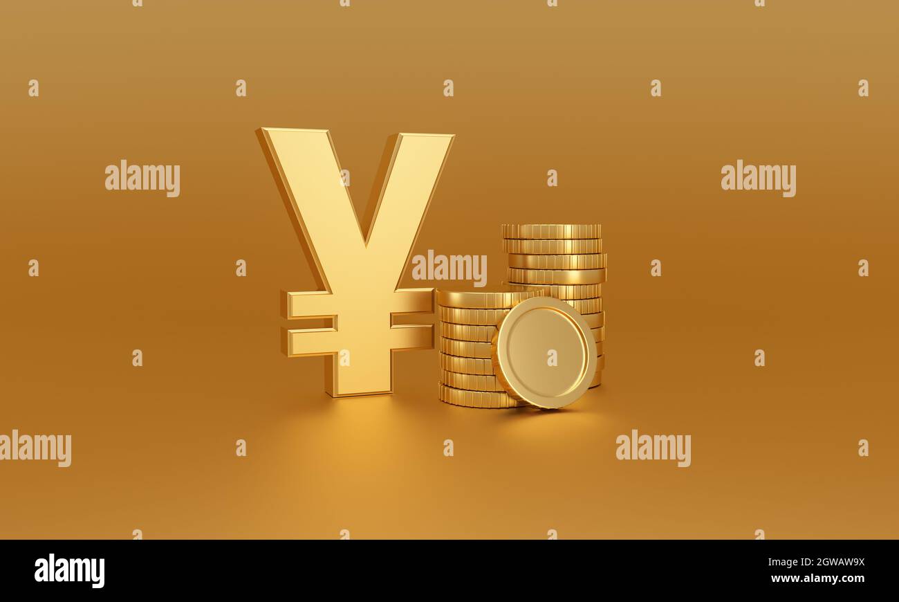 Yen or Yuan money symbol next to Stack of gold coins on a golden ...