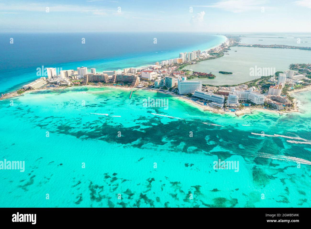 Aerial view of Cancun beach in Mexico. Caribbean coast landscape on ...