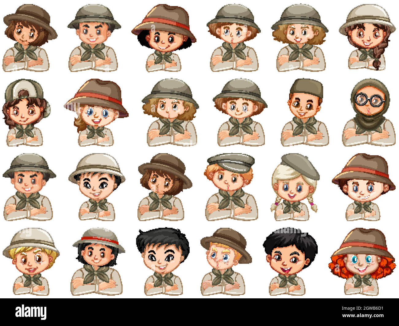 Set of different characters of boys and girls scout costume on a white ...