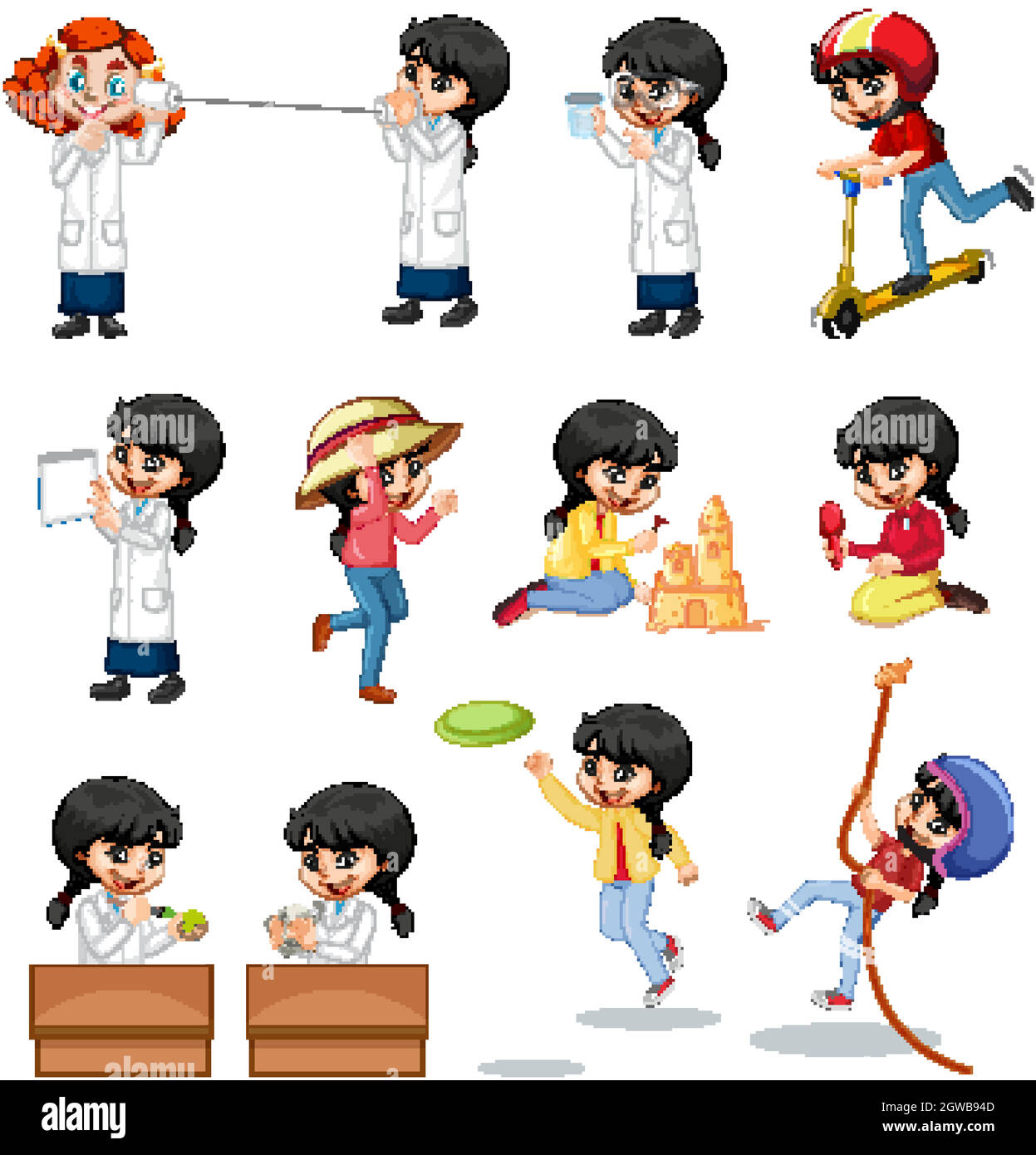 Set of black hair girl in many actions on white background Stock Vector ...