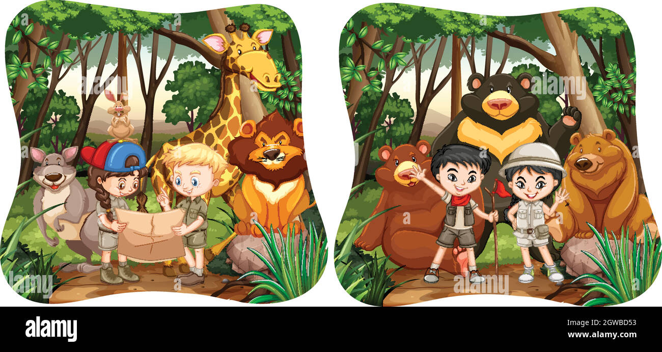 Children and wild animals in jungle Stock Vector Image & Art - Alamy