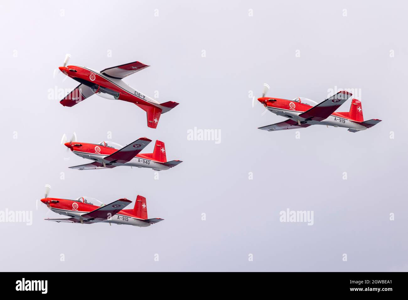 Swiss Air Force PC-7 team peforming their display over the sea Stock ...