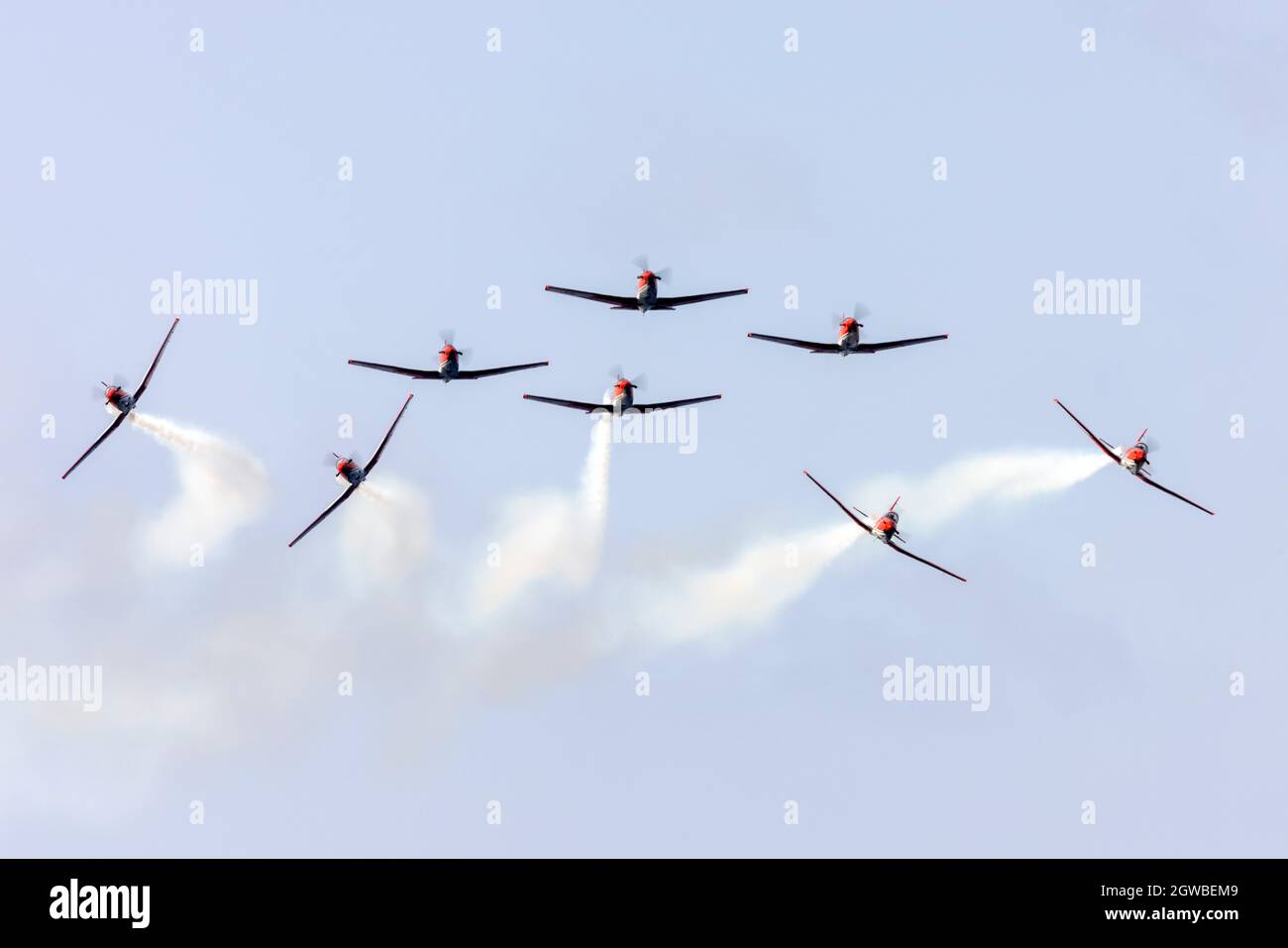 Swiss Air Force PC-7 team peforming their display over the sea Stock ...