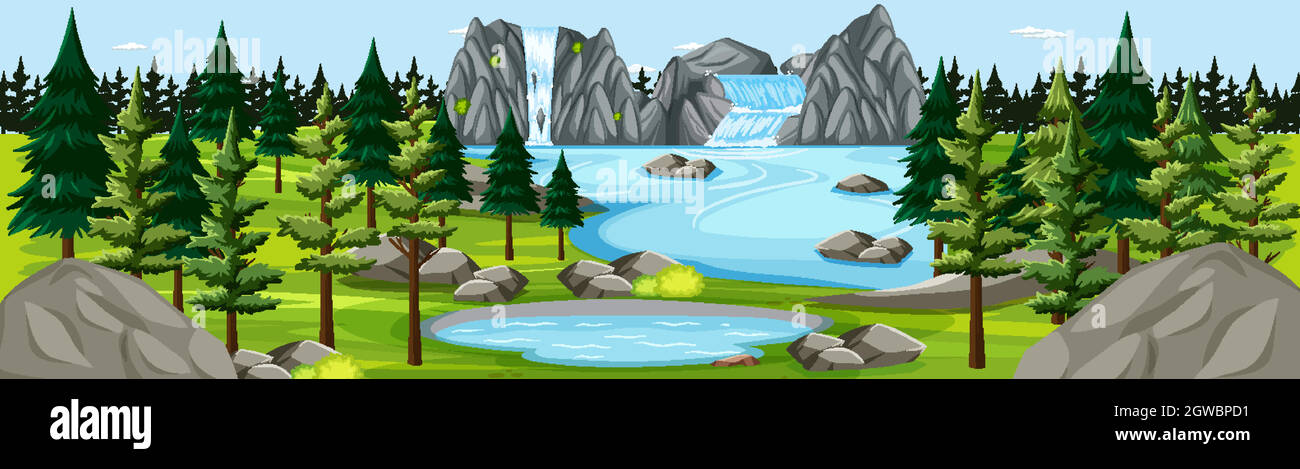 Nature park with waterfall landscape panorama scene Stock Vector Image ...