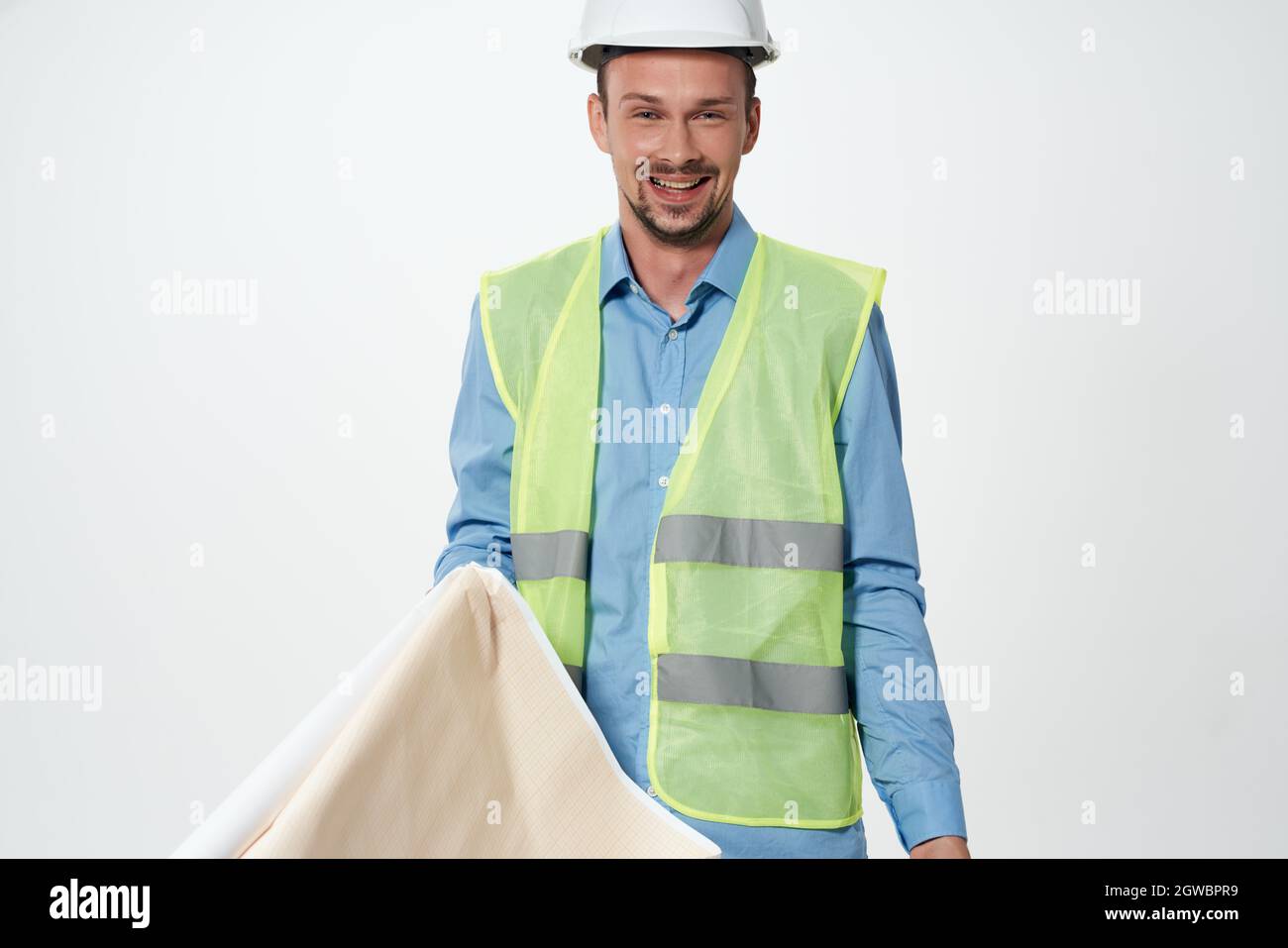 man in construction uniform blueprints builder isolated background ...