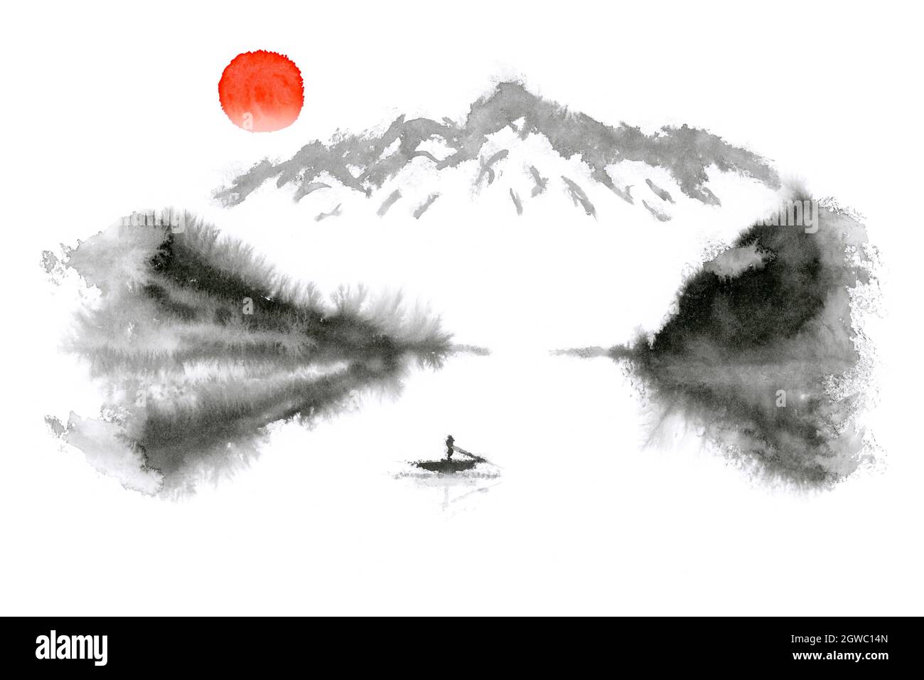 Japanese sumi black landscape abstract, mountain and lake, natural ...